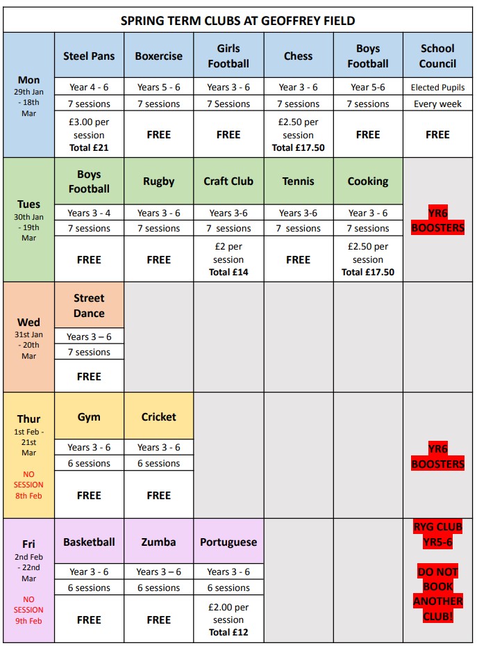 Geoffrey Field Junior School - Clubs